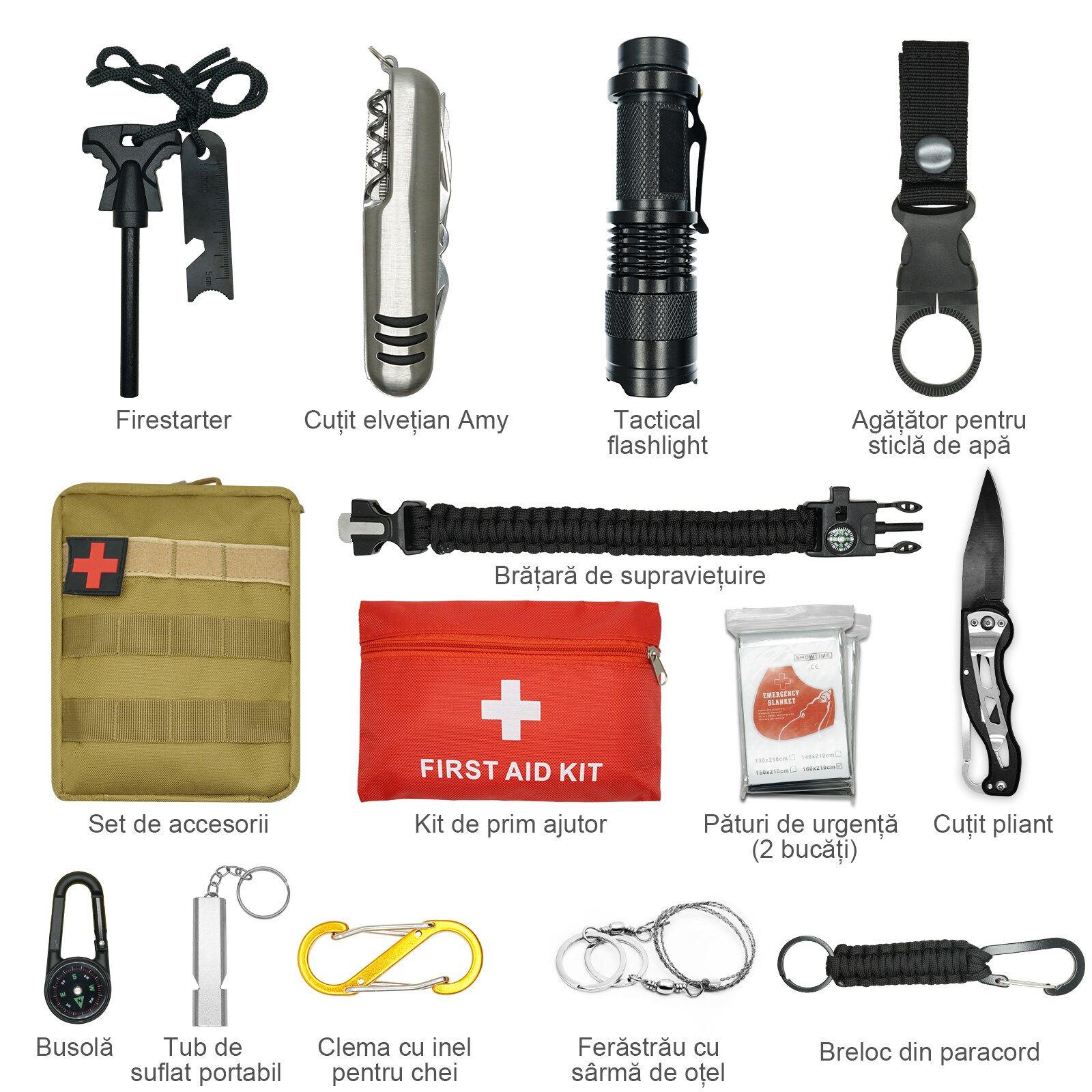 Kit Supravietuire 15 in 1, multifunctional, cu prim ajutor, echipament ...