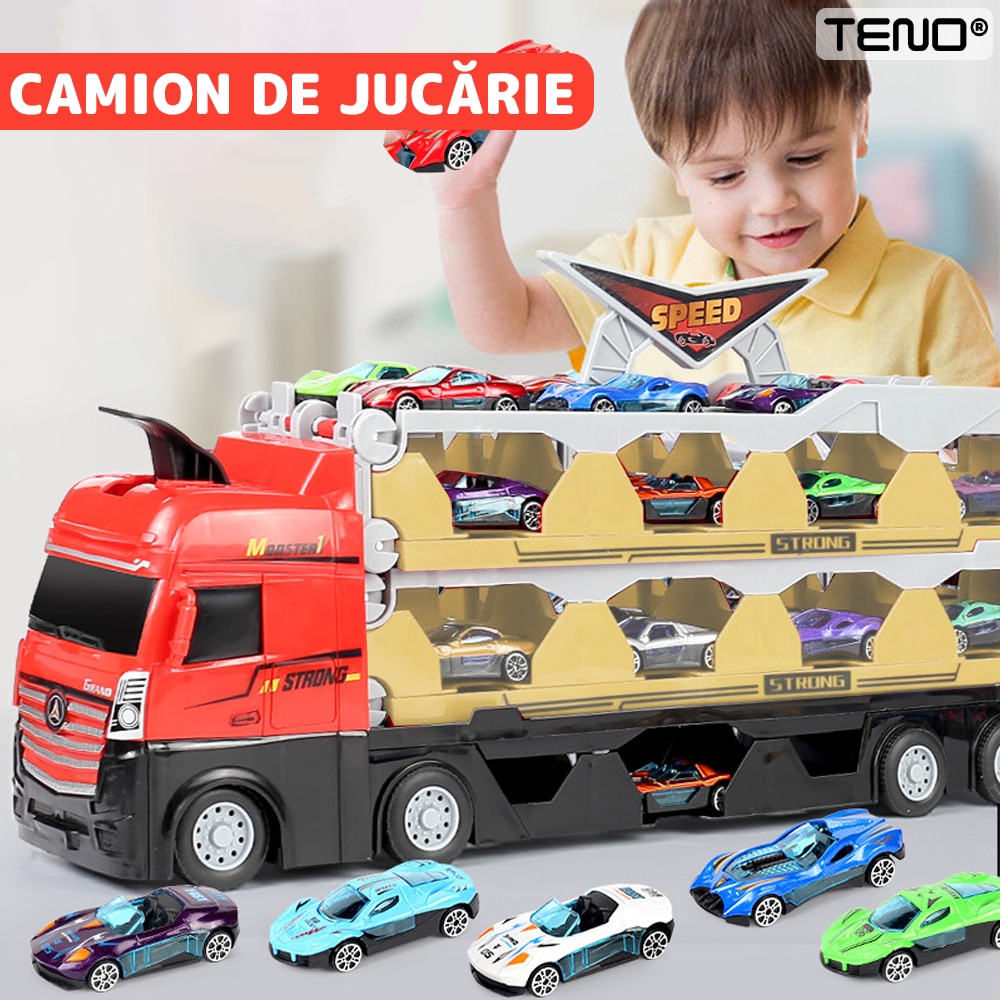 Set Camion Trailer de Jucarie pentru Transport Masinute de Curse Teno ...