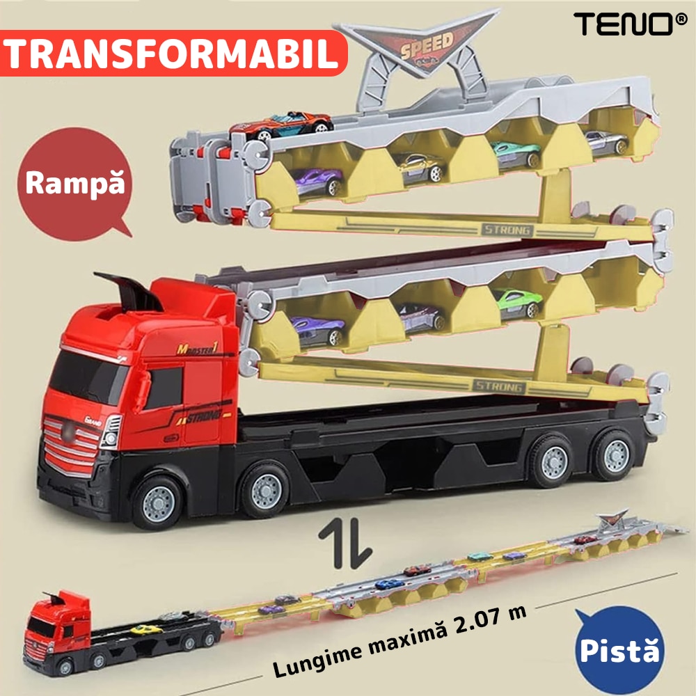 Set Camion Trailer de Jucarie pentru Transport Masinute de Curse Teno ...
