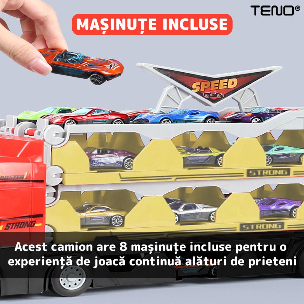Set Camion Trailer de Jucarie pentru Transport Masinute de Curse Teno ...