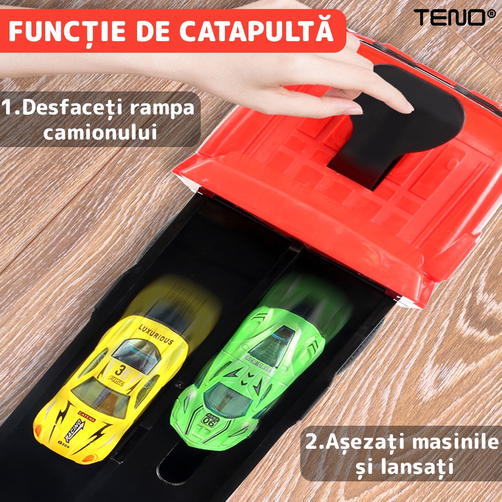 Set Camion Trailer de Jucarie pentru Transport Masinute de Curse Teno ...