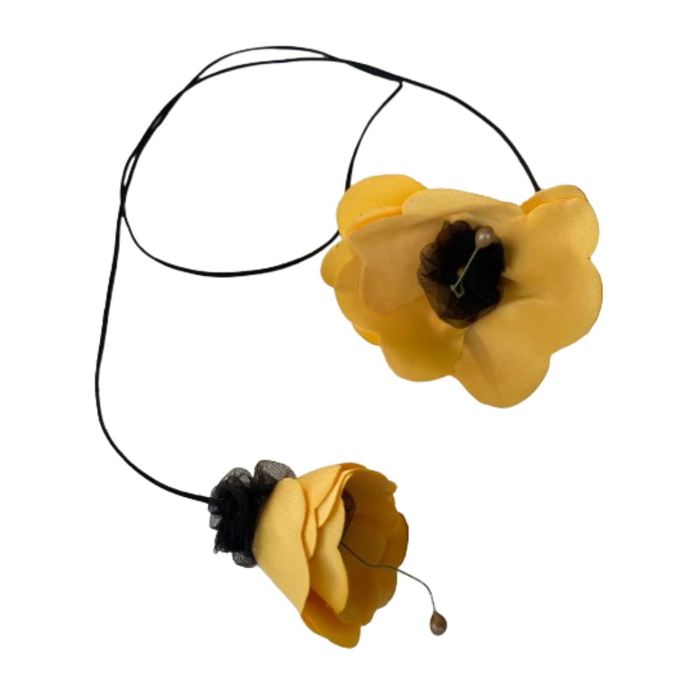 Colier cu 2 flori galbene, boboc si floare, cu snur din imitatie piele ...