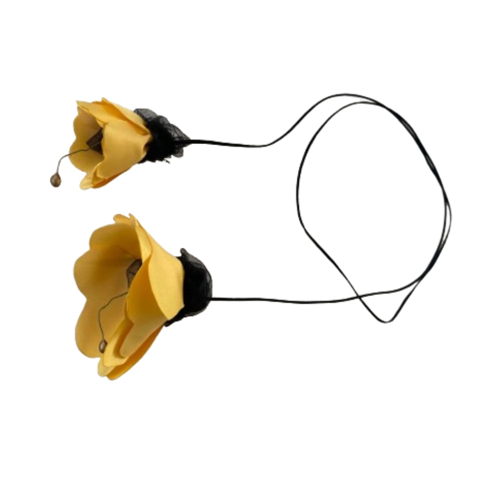 Colier cu 2 flori galbene, boboc si floare, cu snur din imitatie piele ...