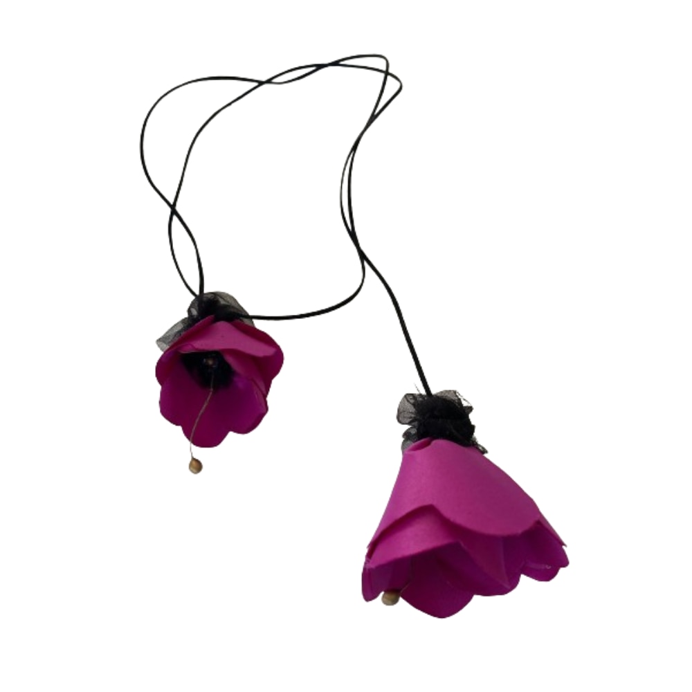 Colier cu 2 flori mov, boboc si floare, cu snur din imitatie piele ...