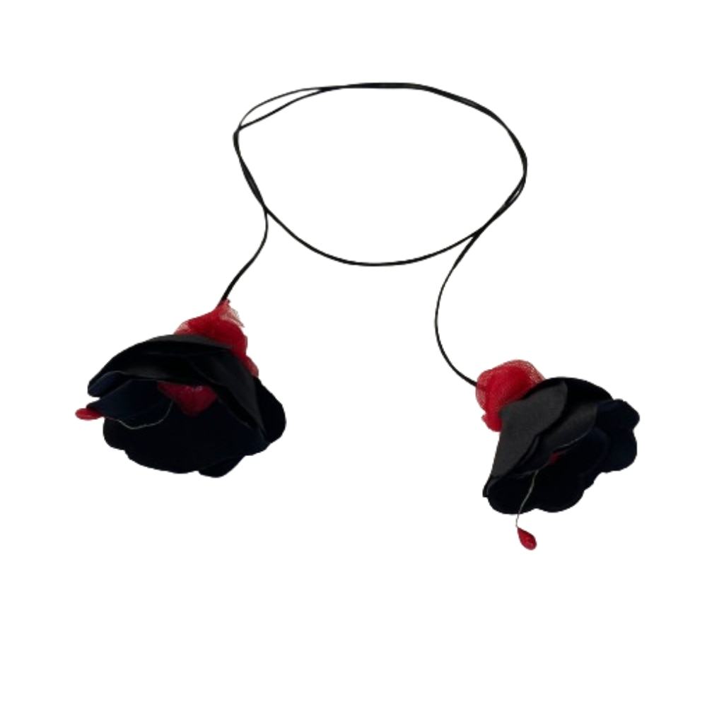 Colier cu 2 flori negre, boboc si floare, snur din imitatie piele - eMAG.ro