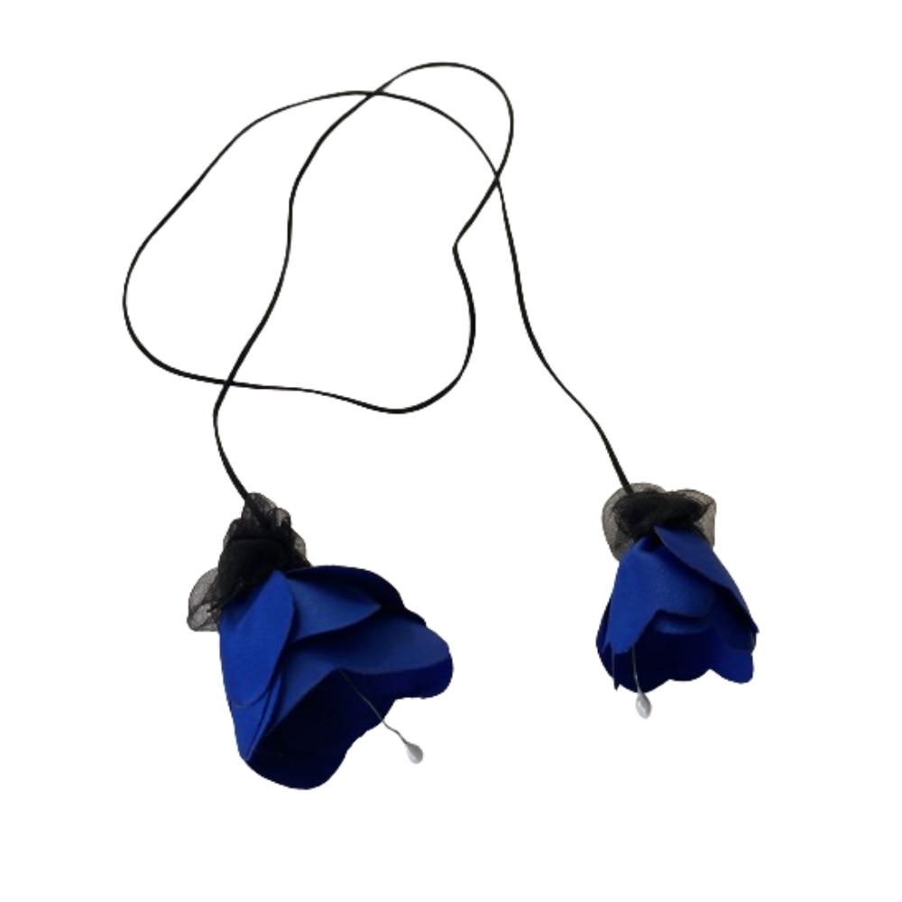 Colier cu 2 flori albastre, boboc si floare, cu snur din imitatie piele ...