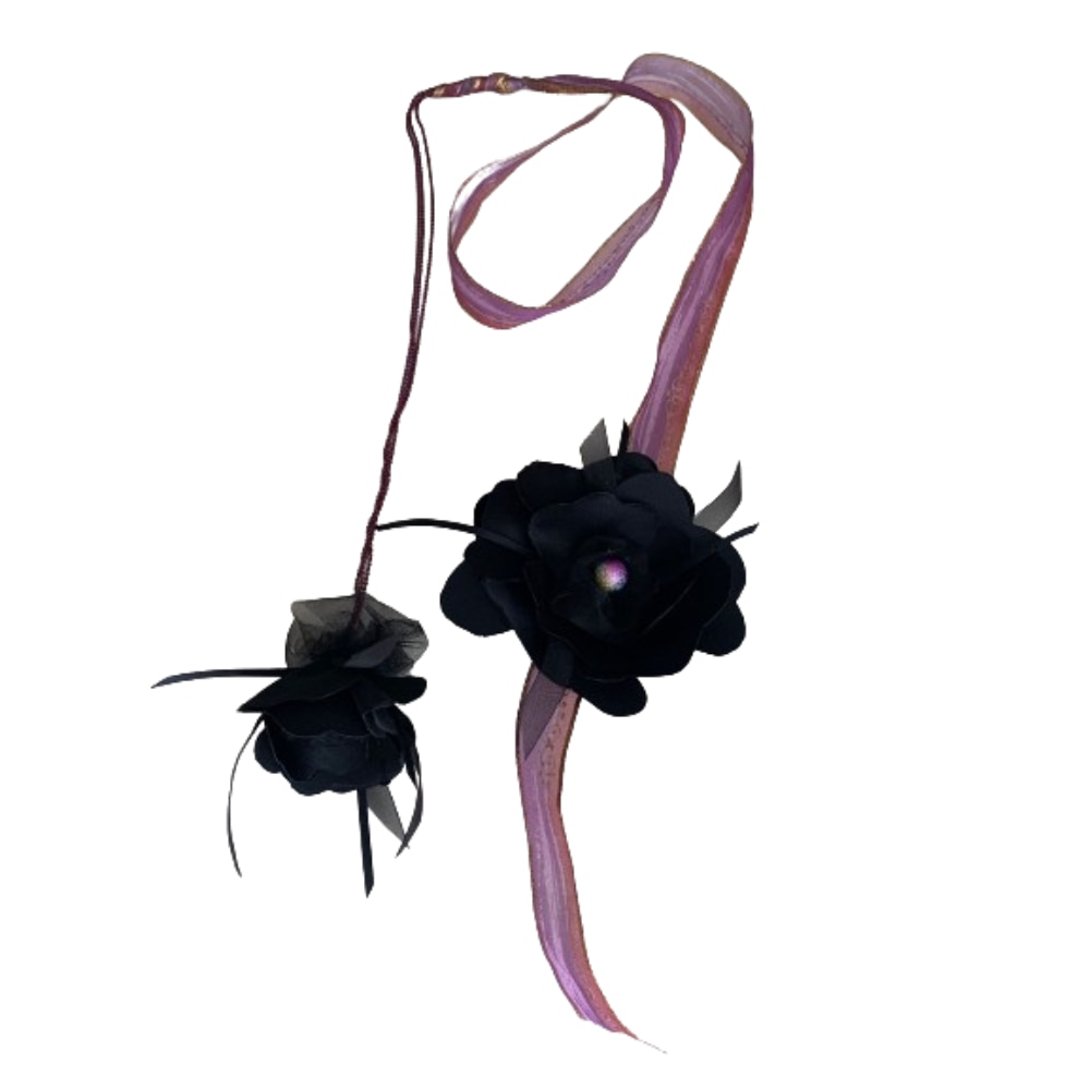 Colier Cu 2 Flori Negre Perle si Panglica - eMAG.ro
