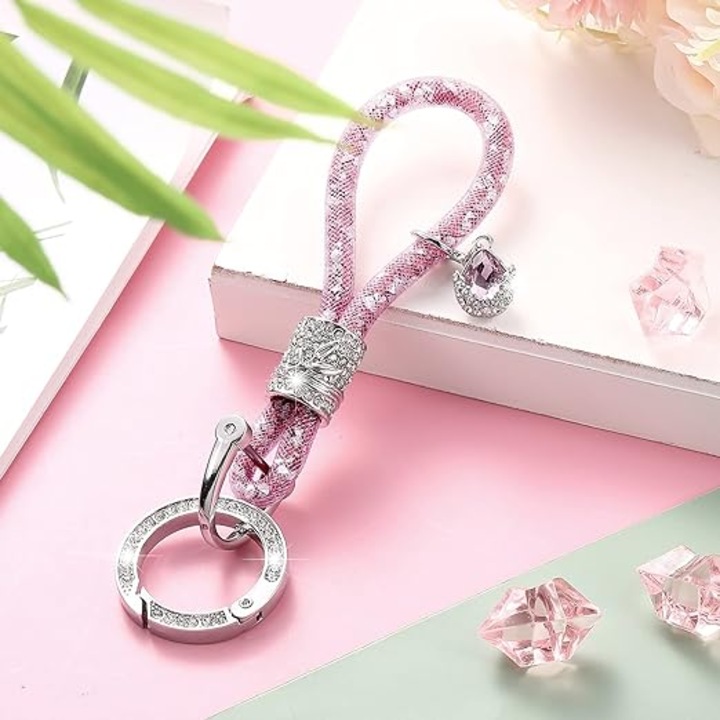 Breloc cu pandantiv si inel cu strasuri, pentru chei si genti, Roz ...