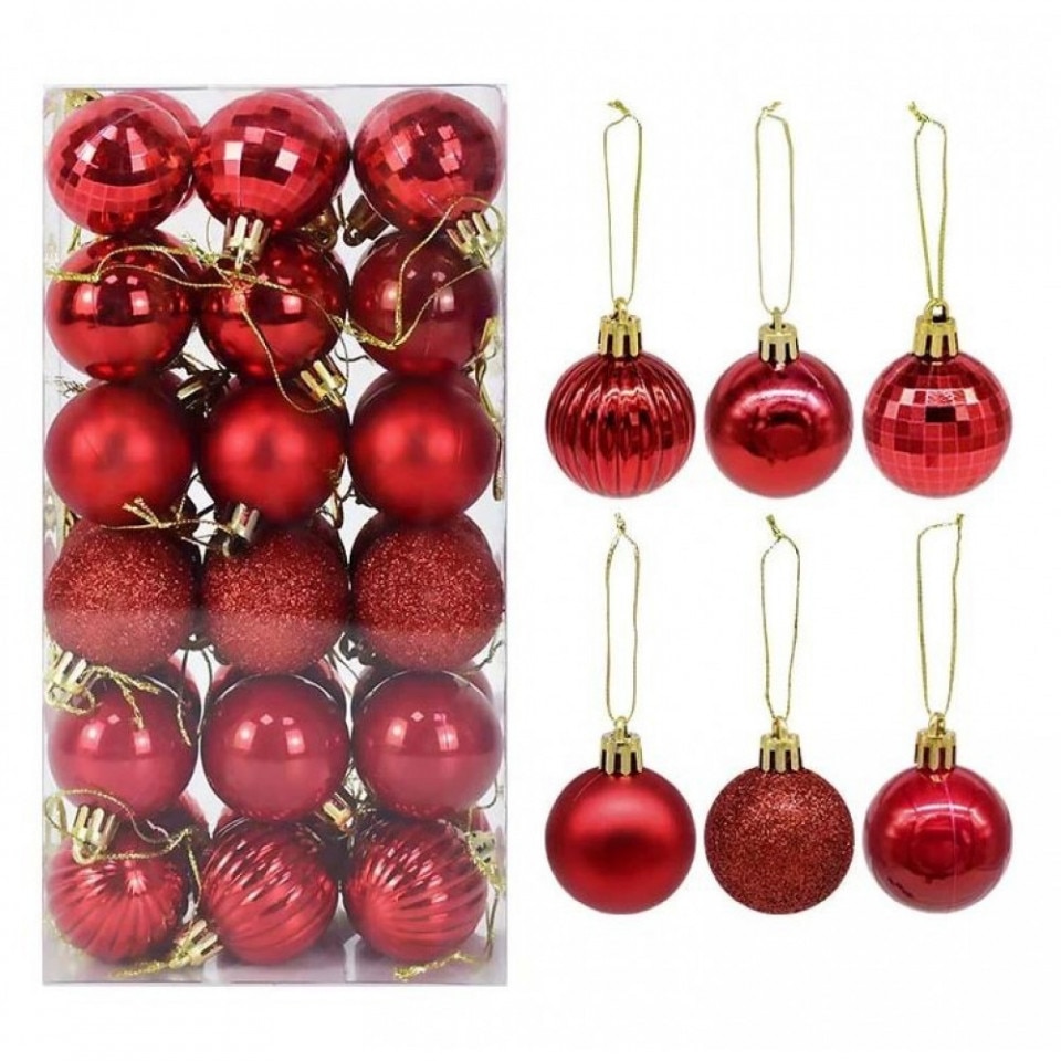 Комплект от 36 коледни топки, в 6 модела, диаметър 6 см, червени - eMAG.bg
