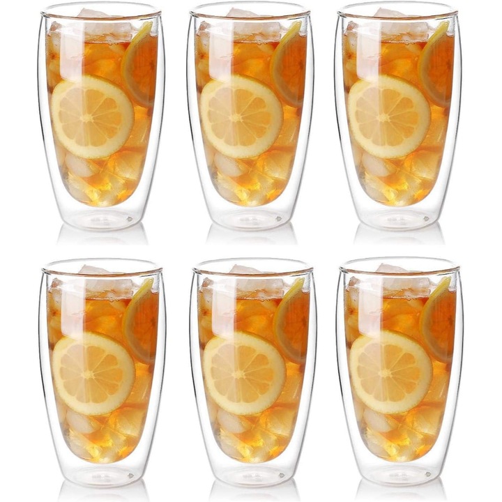 Set 6 pahare cu pereti dubli, Quasar & Co.®, termorezistente, 450 ml ...