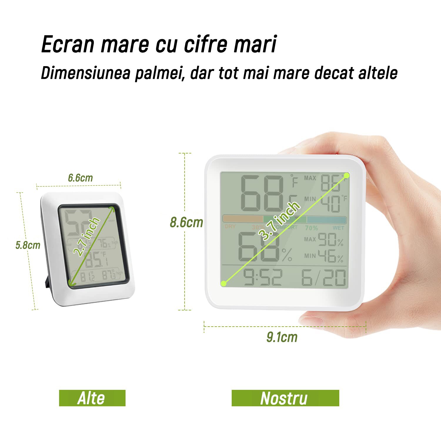 Termometru si higrometru digital cu afisaj data, Vaxiuja, Lumina, Touch ...