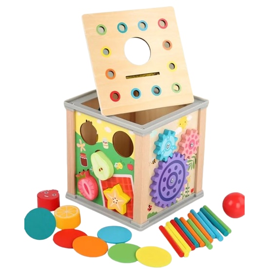 Centru din lemn educativ Montessori, Cub activitati bebelusi 7 in 1 ...