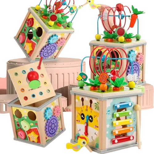 Centru din lemn educativ Montessori, Cub activitati bebelusi 7 in 1 ...