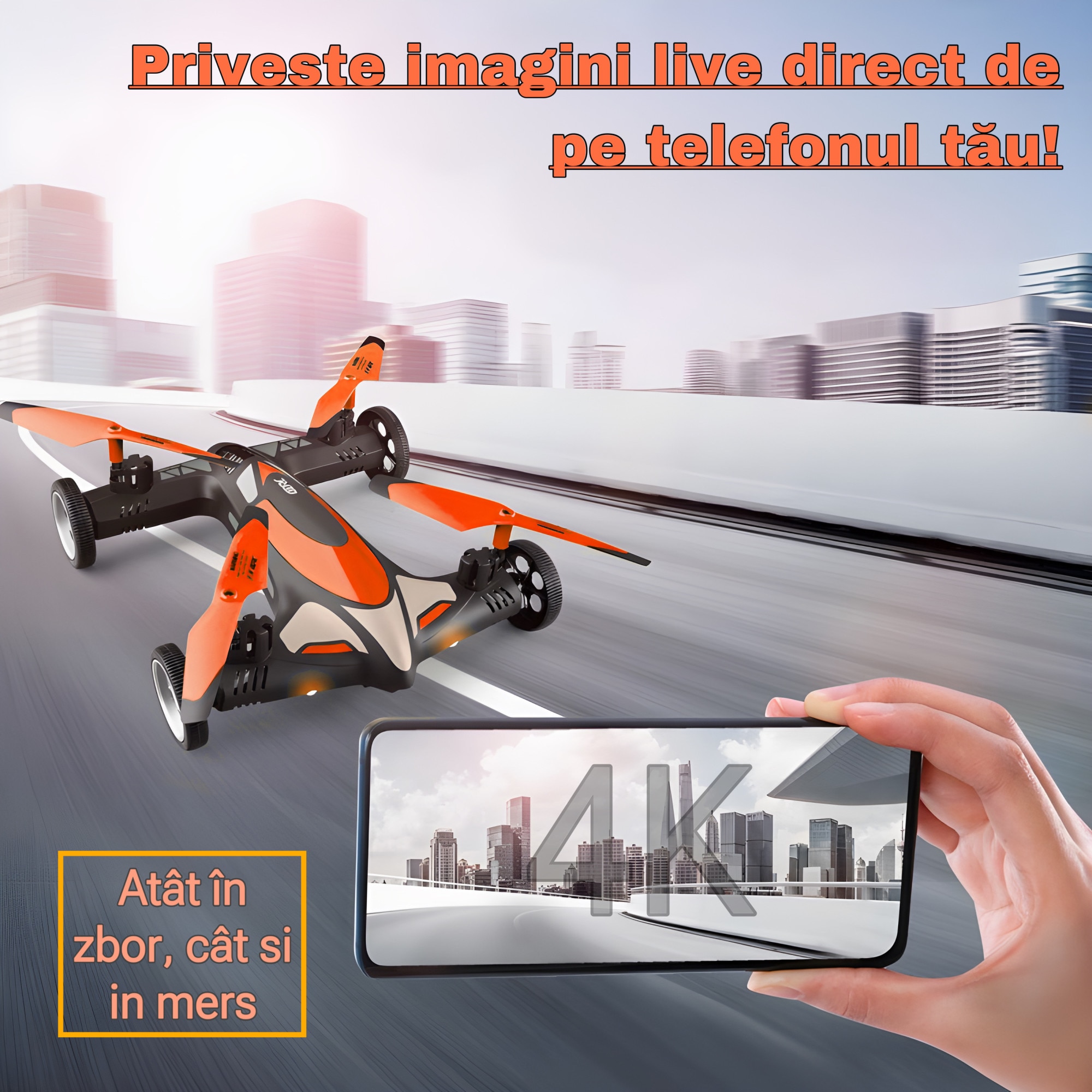 Drona cu camera 2In1 aerian si terestru, Camera 4K, Lumini LED, Mod ...