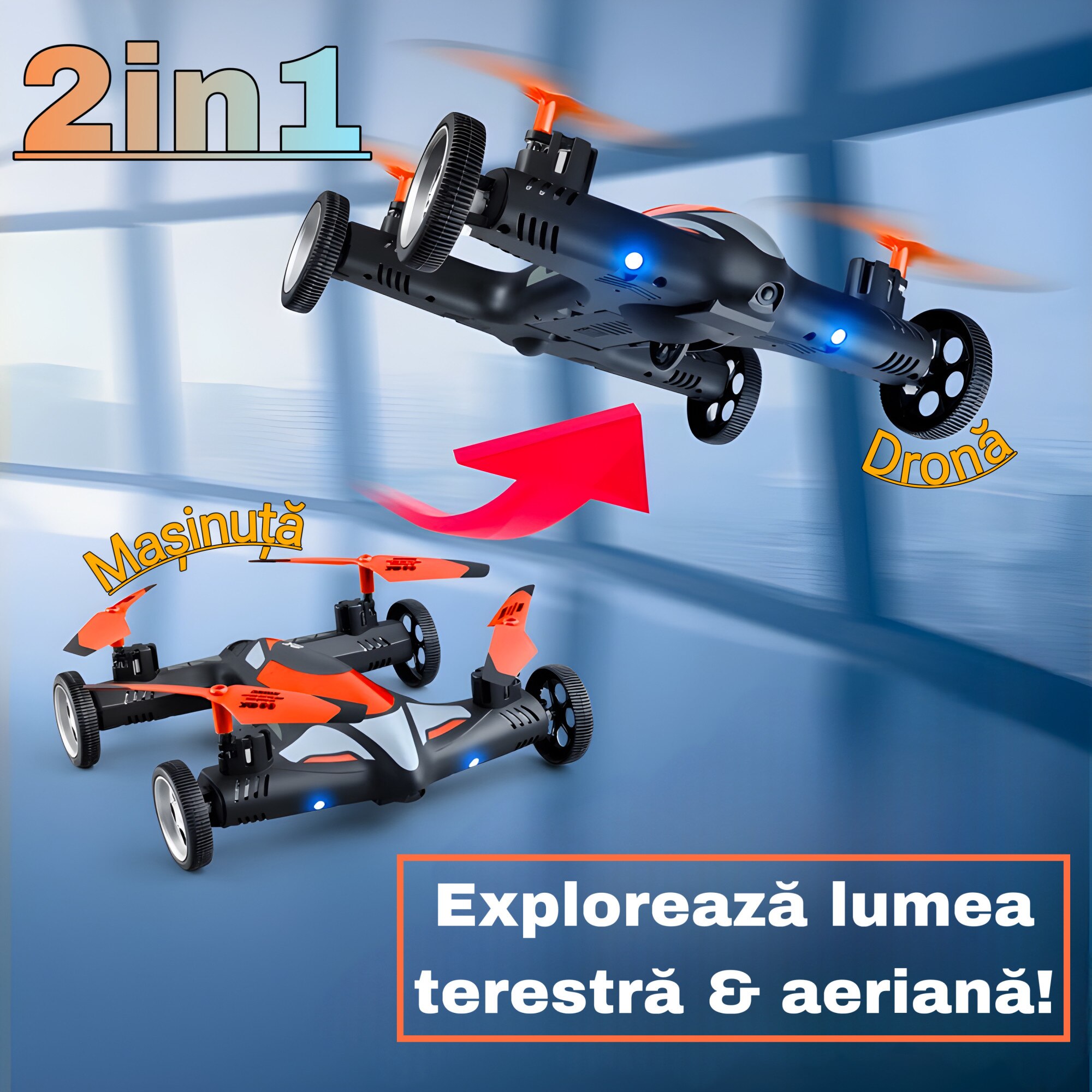 Drona cu camera 2In1 aerian si terestru, Camera 4K, Lumini LED, Mod ...