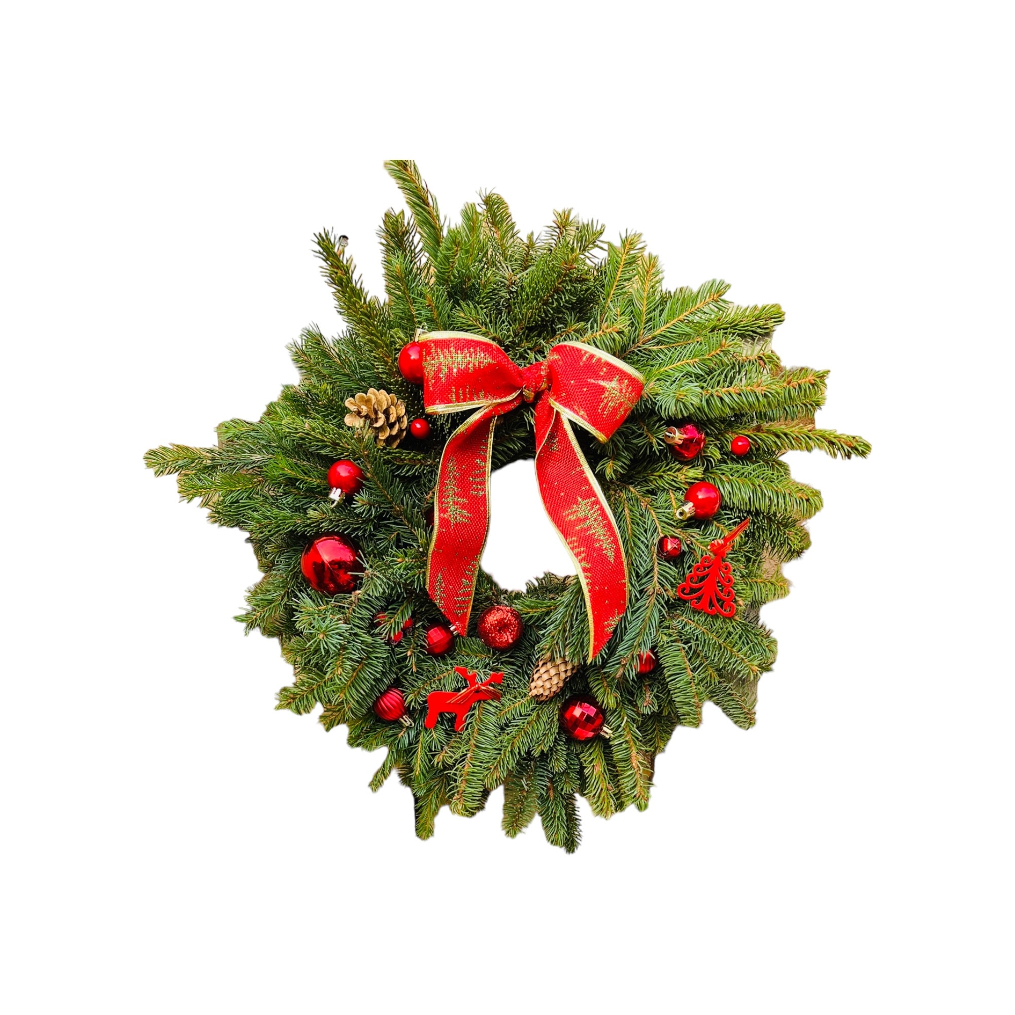 Коледен венец от естествена ела, 45 см, ръчна изработка, декориран с ...