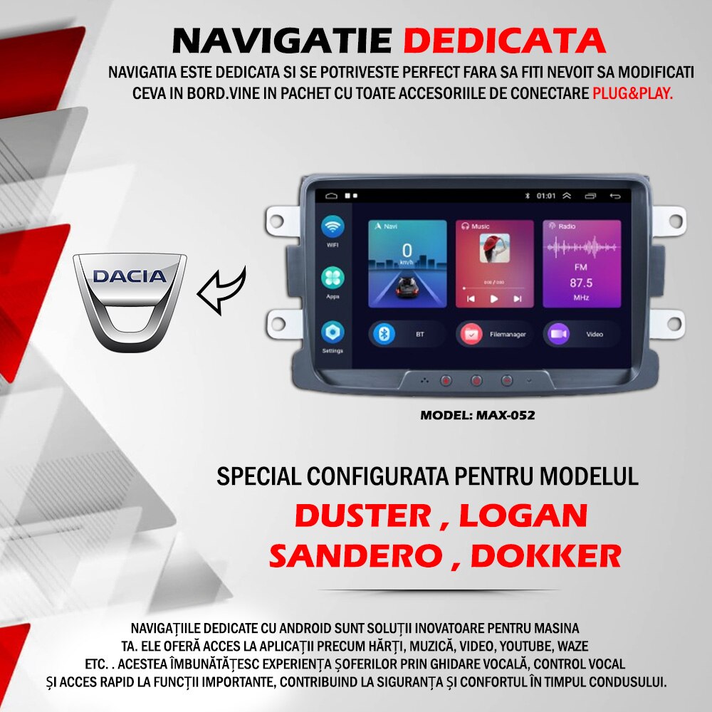 Navigatie Duster Logan Sandero Dokker dedicata, MaxTech®, Android 13 ...