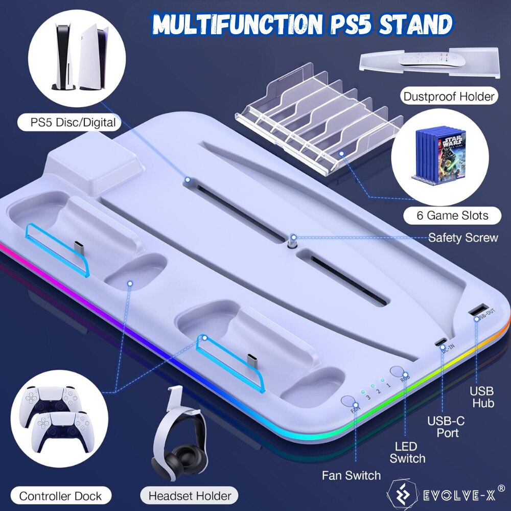 Stand vertical 5 in 1 multifunctional PS5 Evolve-x®, cu Statie de ...