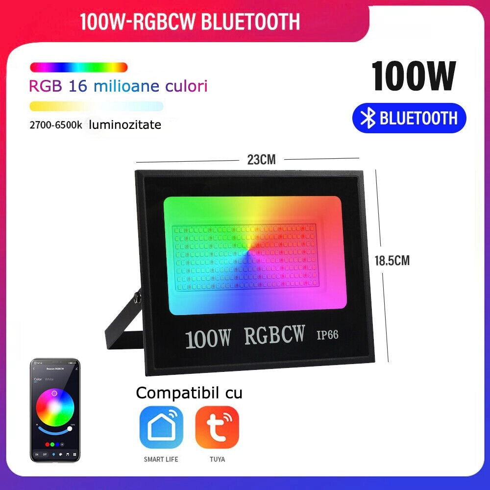 Proiector smart LED 100W RGBCW, IP66, interior-exterior, rezistent la ...