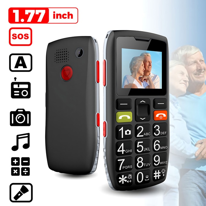Telefon mobil pentru seniori, dual sim, buton SOS, Lanterna, taste mari ...