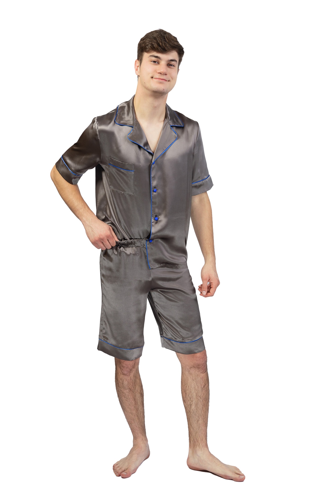 Pijama barbati din matase naturala 100% - gri cu vipusca si nasturi ...