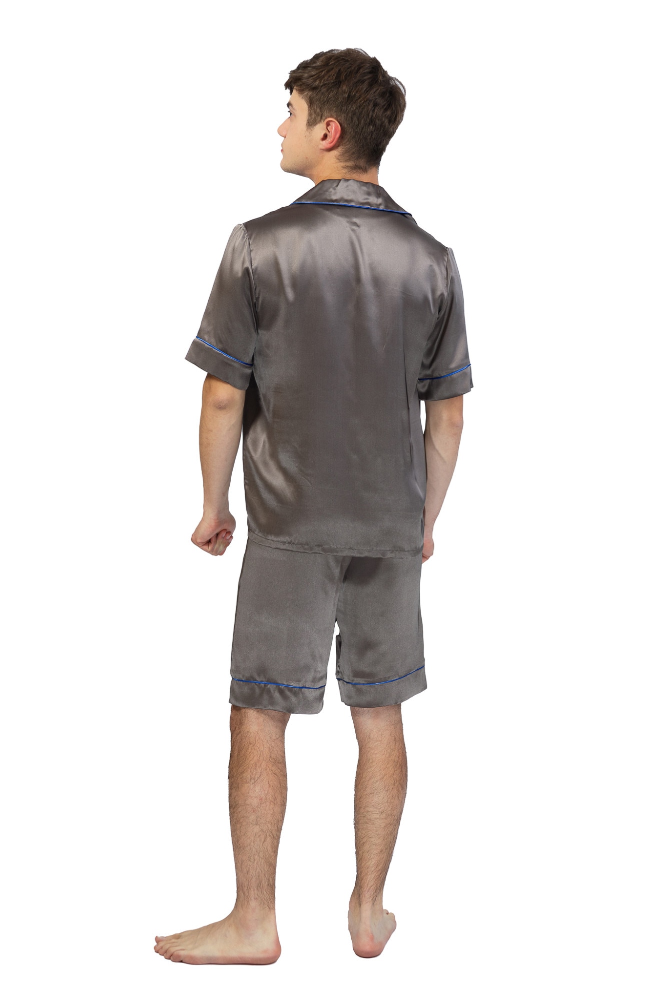Pijama barbati din matase naturala 100% - gri cu vipusca si nasturi ...