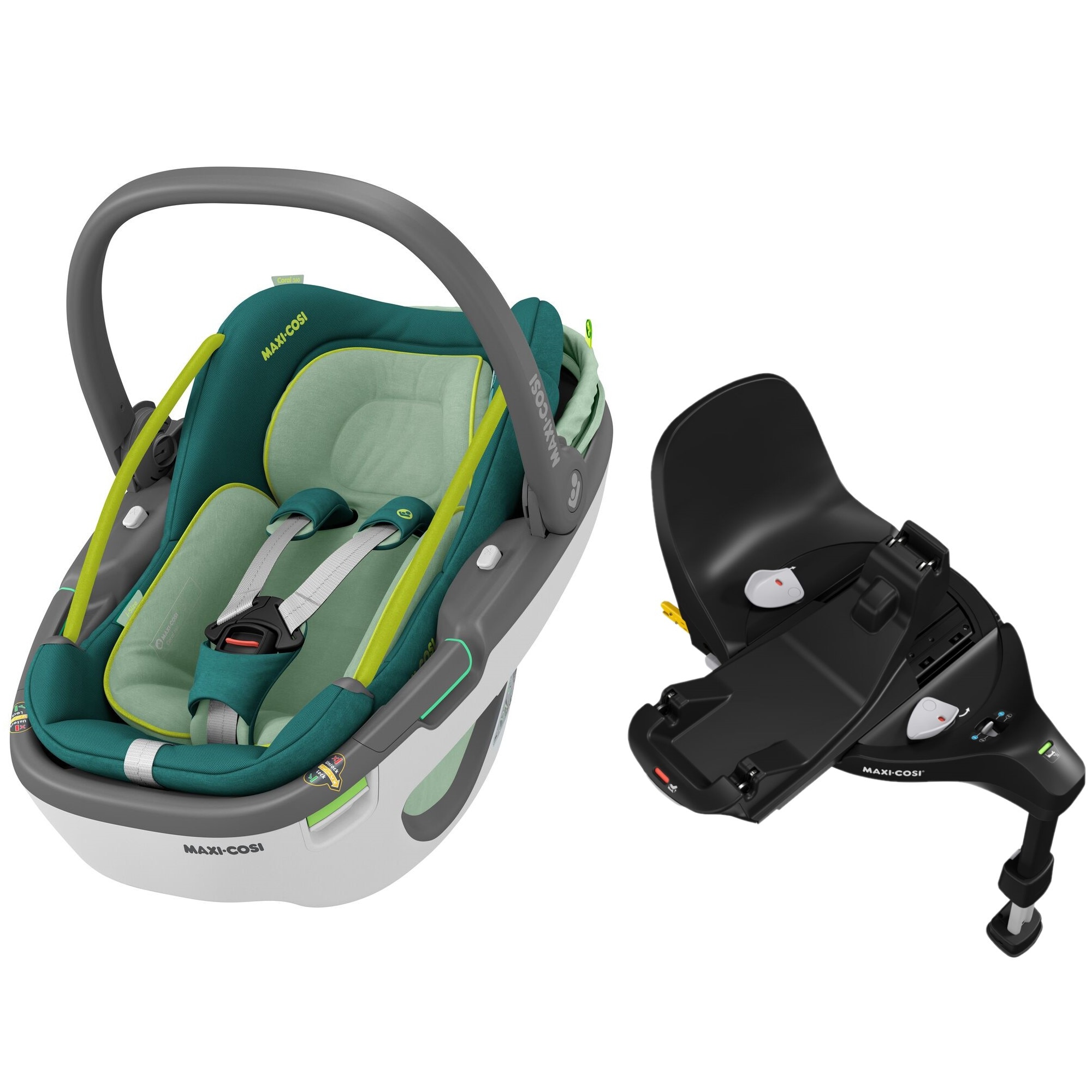 Pachet Maxi-Cosi Cos Auto Coral 360 I-Size Neo Green, 40-75 cm, cu Baza ...