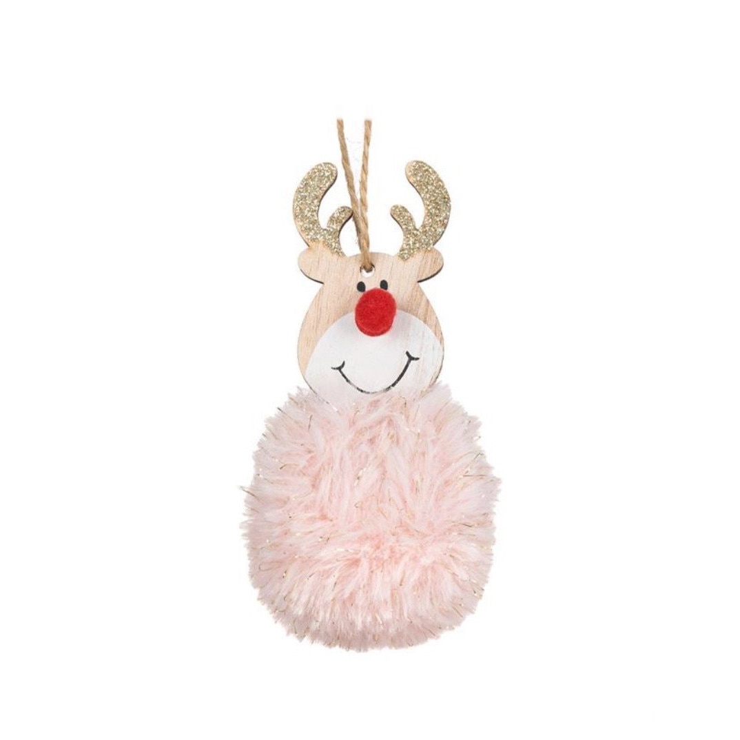 Set 6 ornamente pentru bradul de Craciun, ren din lemn cu blana roz, 10 ...