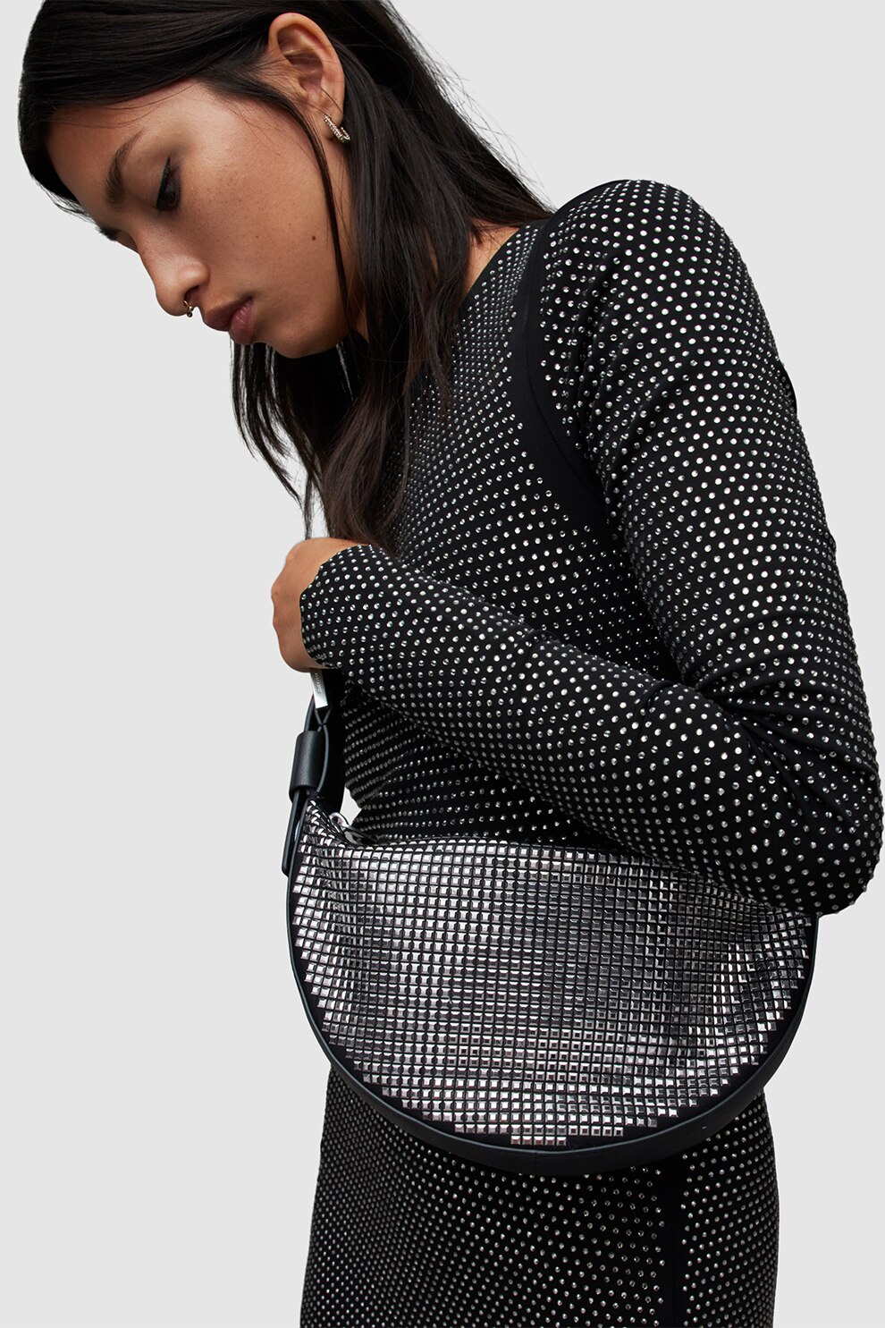 AllSaints, Geanta cu tinte Half Moon, Negru - eMAG.ro