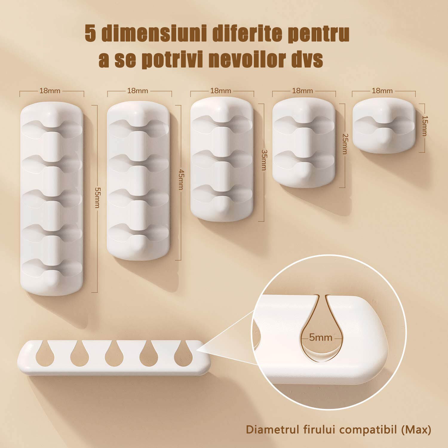 Set 5 suporti cabluri pentru birou, autoadeziv, Depozitare cablu, 15 ...