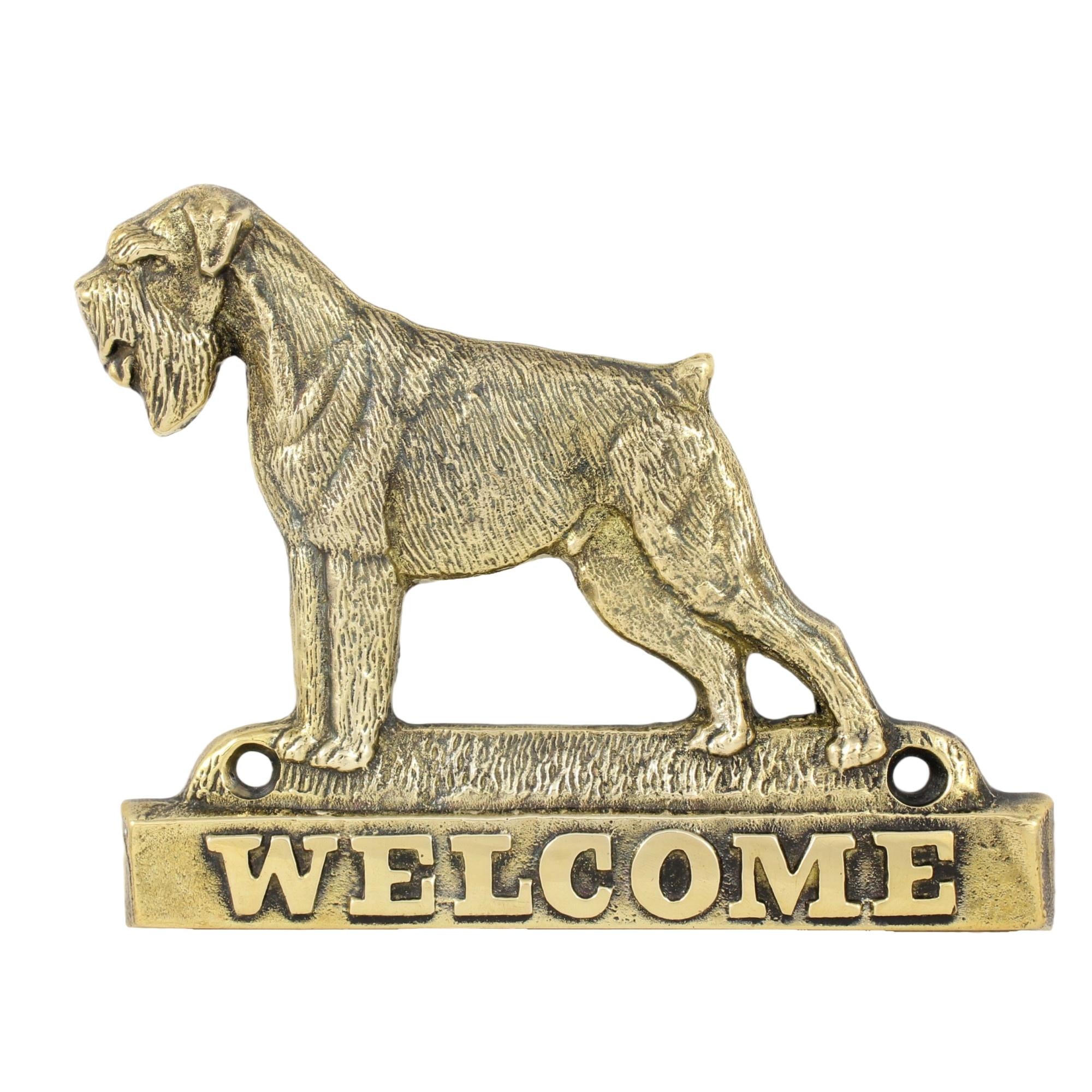 Semn pentru usa "Welcome", Alama, Model Schnauzer, 10.6x13.7 cm, Bronz ...