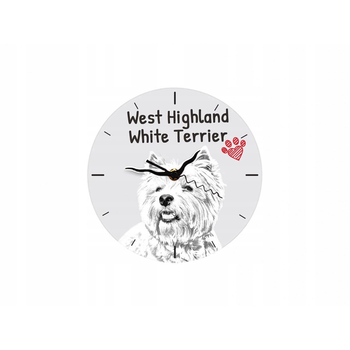 Ceas decorativ, MDF, Model caine West Highland White Terrier, Alb/Negru ...