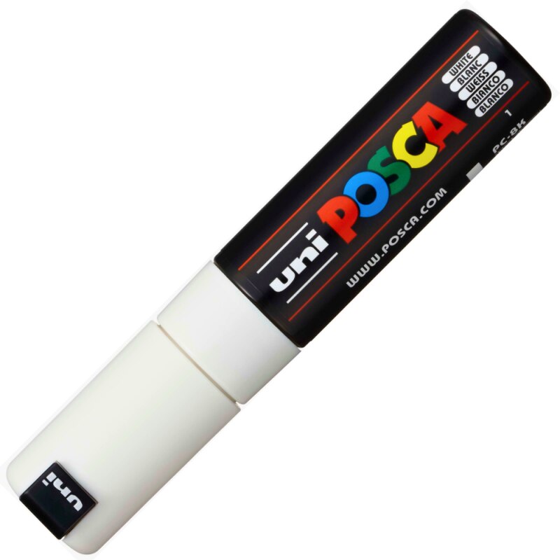 Маркер UNI PC-8K Posca, 8.0 мм, скосен връх, Бял - eMAG.bg