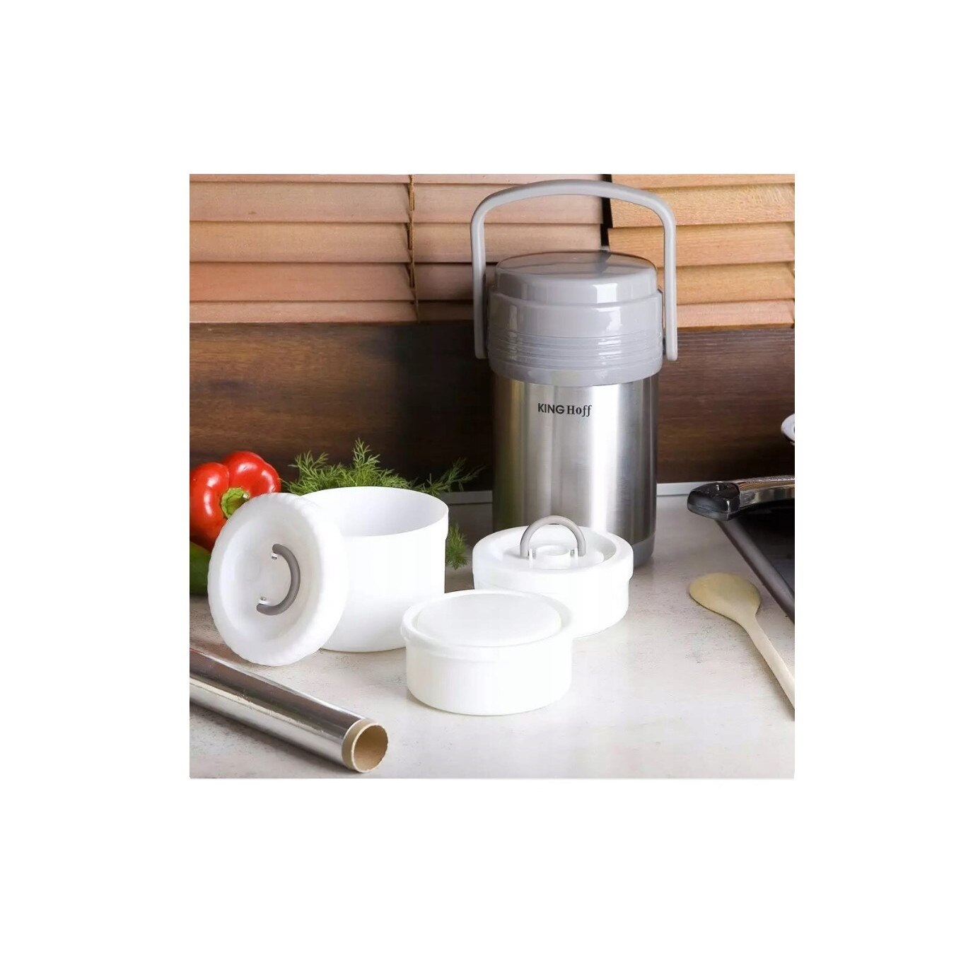 Termos alimentar, din inox, 3 recipiente, capacitate totala 1.5L ...