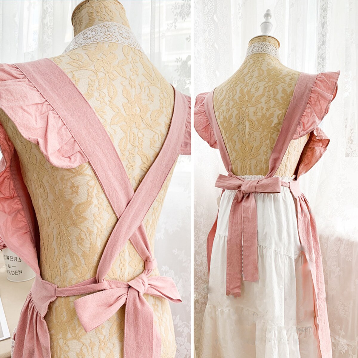 Sort de bucatarie vintage, Bumbac, Reglabil, 84 cm, Roz/Alb - eMAG.ro