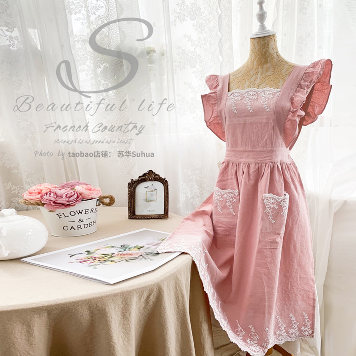 Sort de bucatarie vintage, Bumbac, Reglabil, 84 cm, Roz/Alb - eMAG.ro