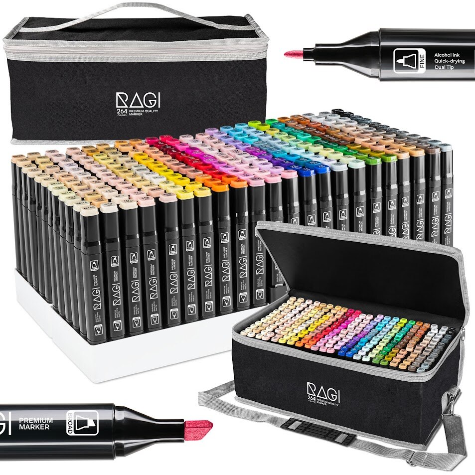 Set 264 de markere colorate RAGI, capete duble, cerneala pe baza de ...