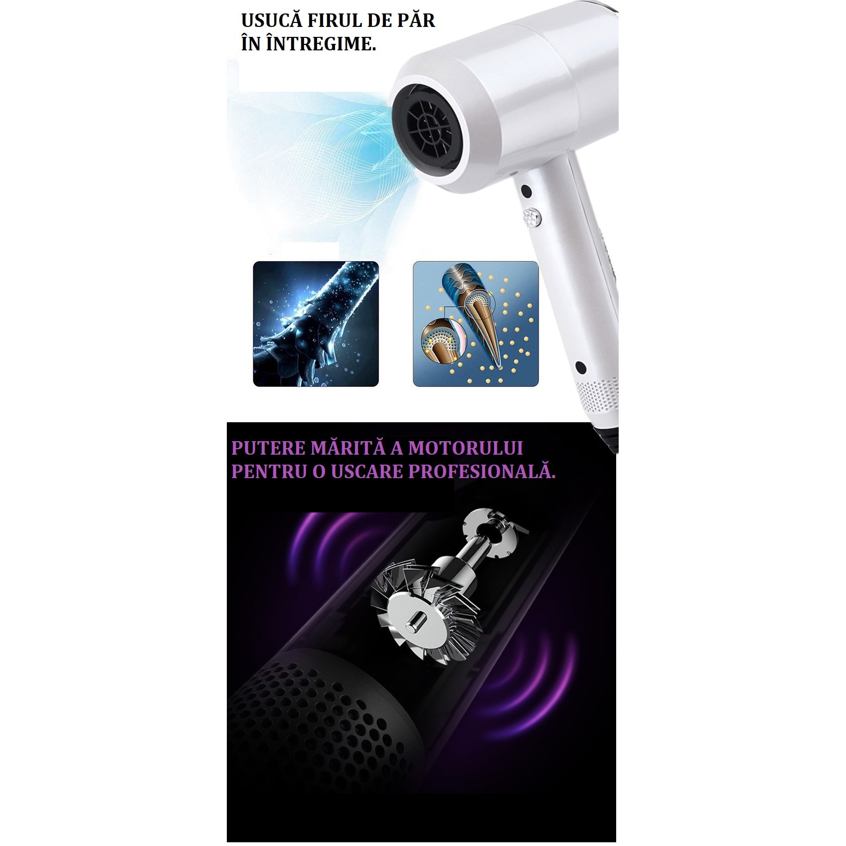 Uscator de par Profesional cu 3 accesorii incluse, Portabil, Potrivit ...
