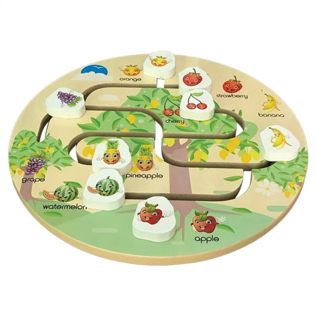 Puzzle Lemn Labirint in format 3D, Montessori, Fructe, 8 piese ...