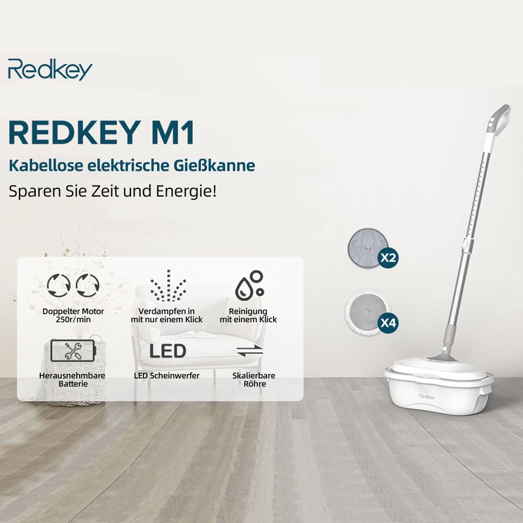 Mop de podea cu rezervor de apa, Redkey, 250 ml, 2200 mAh, LED, Alb ...