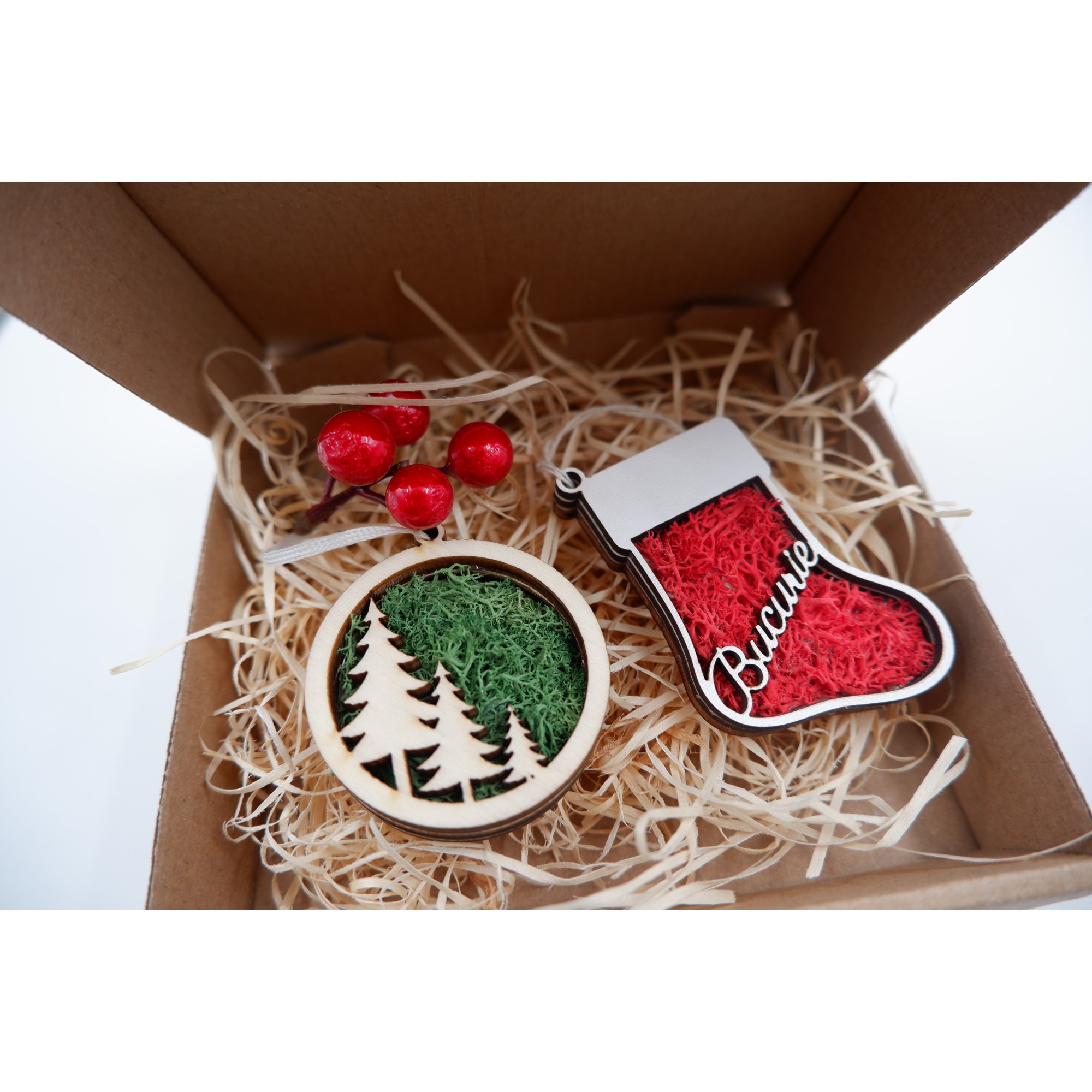 Set de 2 globuri colorate de Craciun, din lemn si licheni stabilizati ...