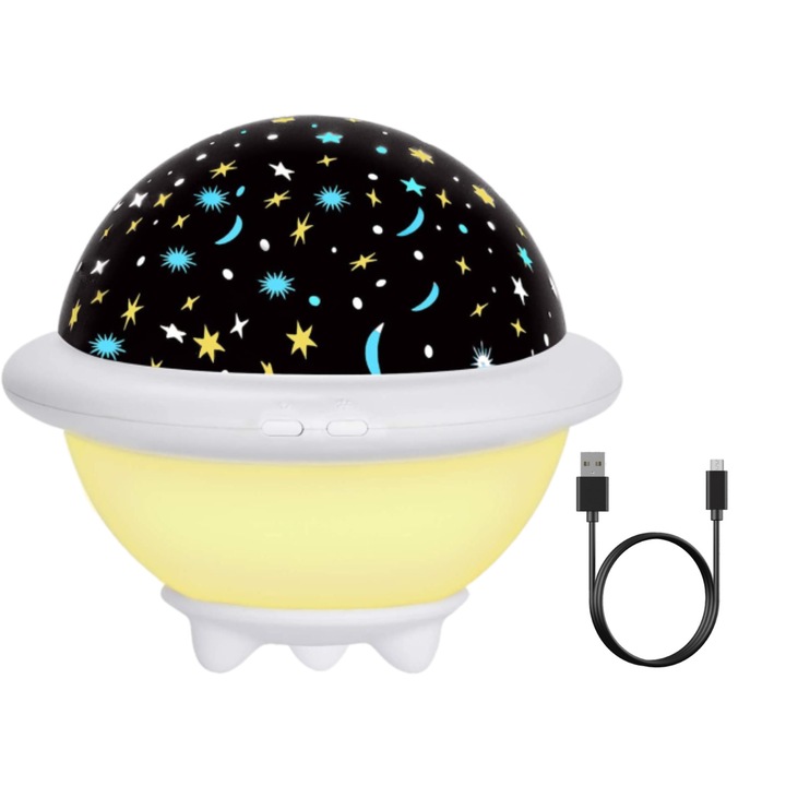 Lampa mini OZN reincarcabila USB, pentru copii, portabila, LED 3 culori, cu proiector, lumina ...