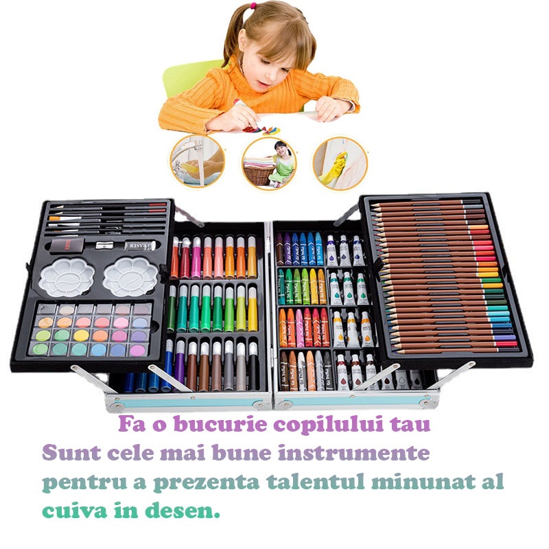 Set valiza albastra completa cu 145 de instrumente pentru pictura ...