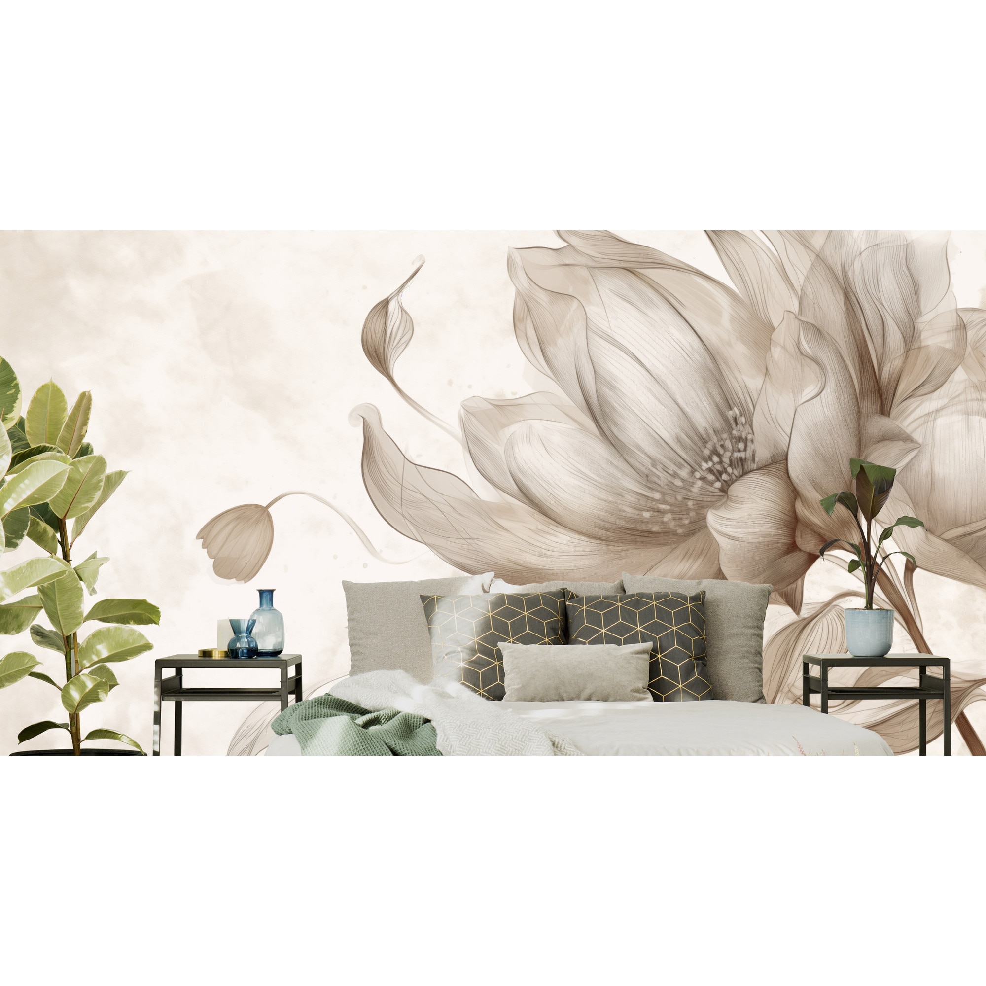 Fototapet floare pe beton, perete bej, floare uscata, decor modern ...