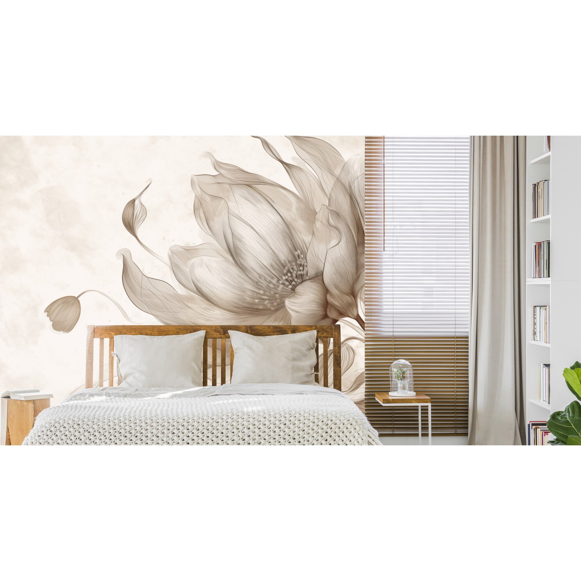 Fototapet floare pe beton, perete bej, floare uscata, decor modern ...