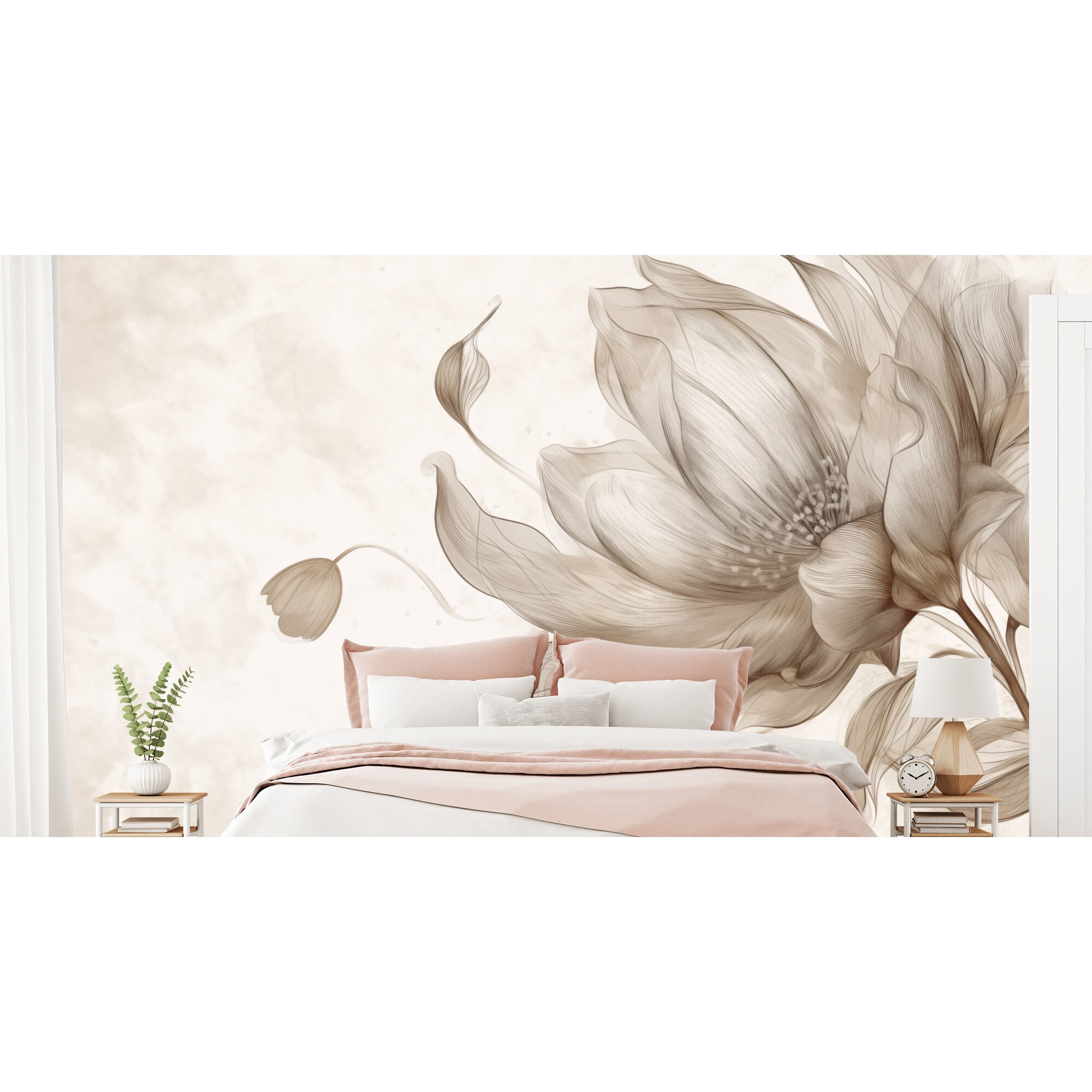 Fototapet floare pe beton, perete bej, floare uscata, decor modern ...