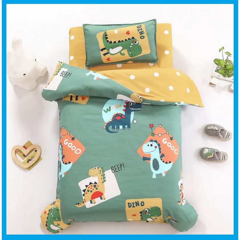 Set lenjerie de pat pentru copii, Lucmark, 3 piese, Bumbac, Model dinozauri - verde, Multicolor ...