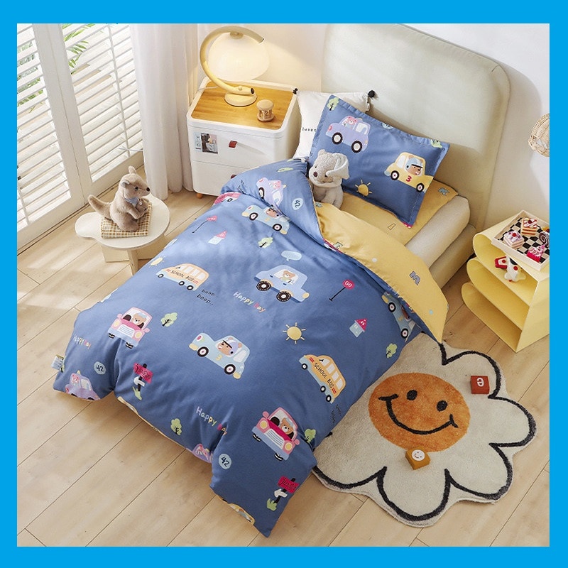 Set lenjerie de pat pentru copii, Lucmark, 3 piese, Bumbac, Model masinute - albastru ...