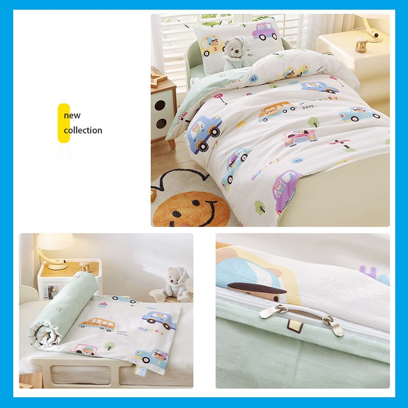 Set lenjerie de pat pentru copii, Lucmark, 3 piese, Bumbac, Model masinute - alb, Multicolor ...