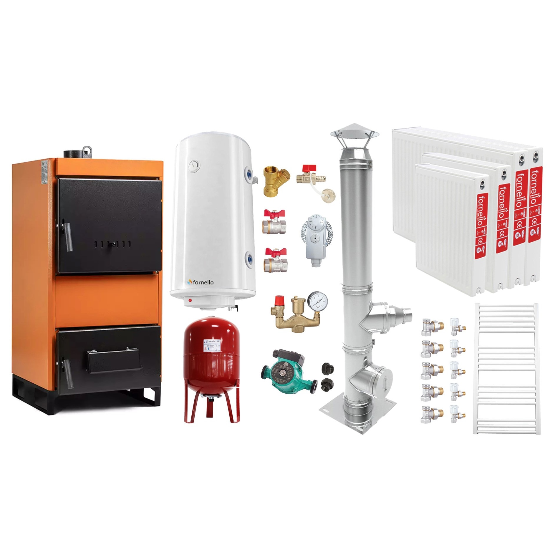 Set Centrala pe combustibil solid Fiama W 25 kW, Cos inox, Radiatoare ...